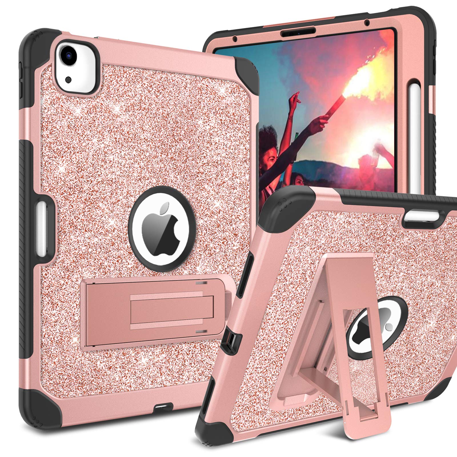 BENTOBEN iPad Air 5th Generation Case, iPad Air 4th Generation Case, Glitter Sparkly 3 Layers Shockproof Kickstand with Pencil Holder Protective Tablet Cover for iPad Air 2022/2020 10.9", Rose Gold