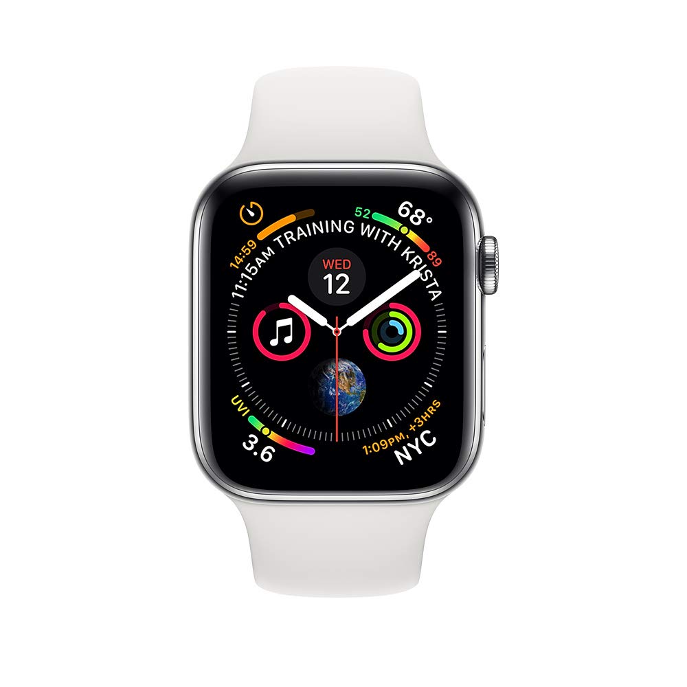 Apple Watch Series 4 (GPS + Cellular, 44MM) - Stainless Steel Case with White Sport Band (Renewed)