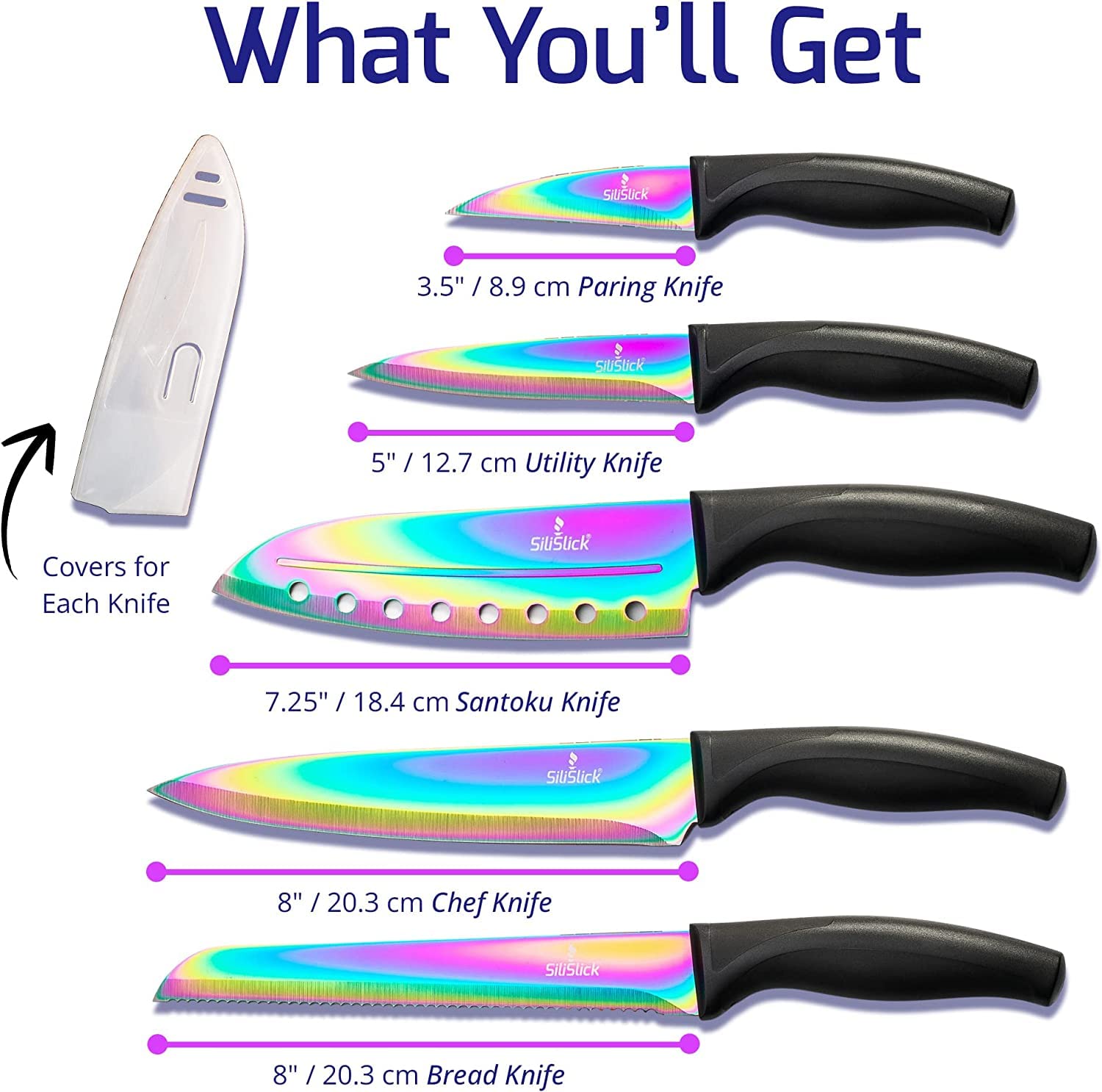 Titanium Coated Rainbow Knife Set – Sharp Stainless Steel Kitchen Knives with Chef, Bread, Santoku, Paring, & Utility Knives, Includes Covers – Iridescent Kitchen Accessories