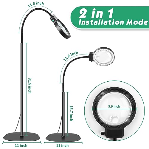 10X 5X Floor Magnifying Glass with Light and Stand,36 LED Flexible Gooseneck Magnifying Lamp, Adjustable Brightness Large Lighted Magnifiers for Reading,Sewing,Crafts,Painting,DIY,Close Work,Repair