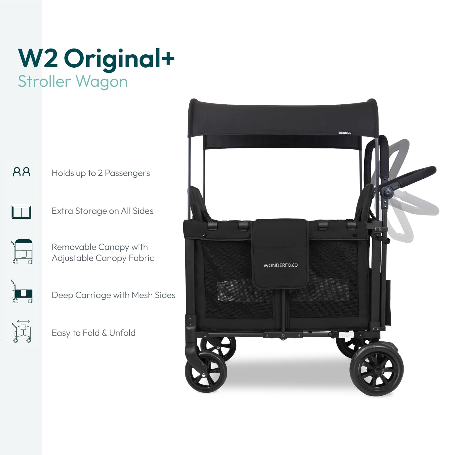 WONDERFOLD W2 Original + Stroller Wagon (2 Seater) - Collapsible Wagon Stroller with Seats with 5-Point Harnesses, Easy-Access Door, and Adjustable Sun Canopy, Black