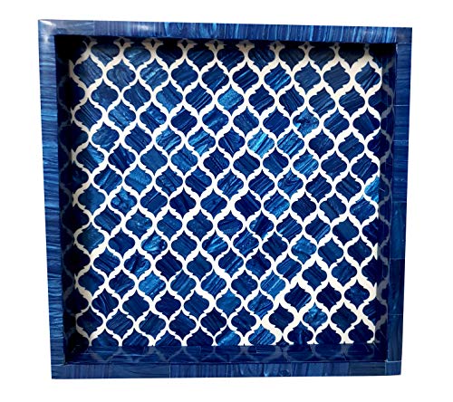 A Bone Exotic Designer Handmade Tray Kitchen Usage Coffee Table Top Drinks Serve Trays Vintage Square Blue Tray,12X12, Blue & White