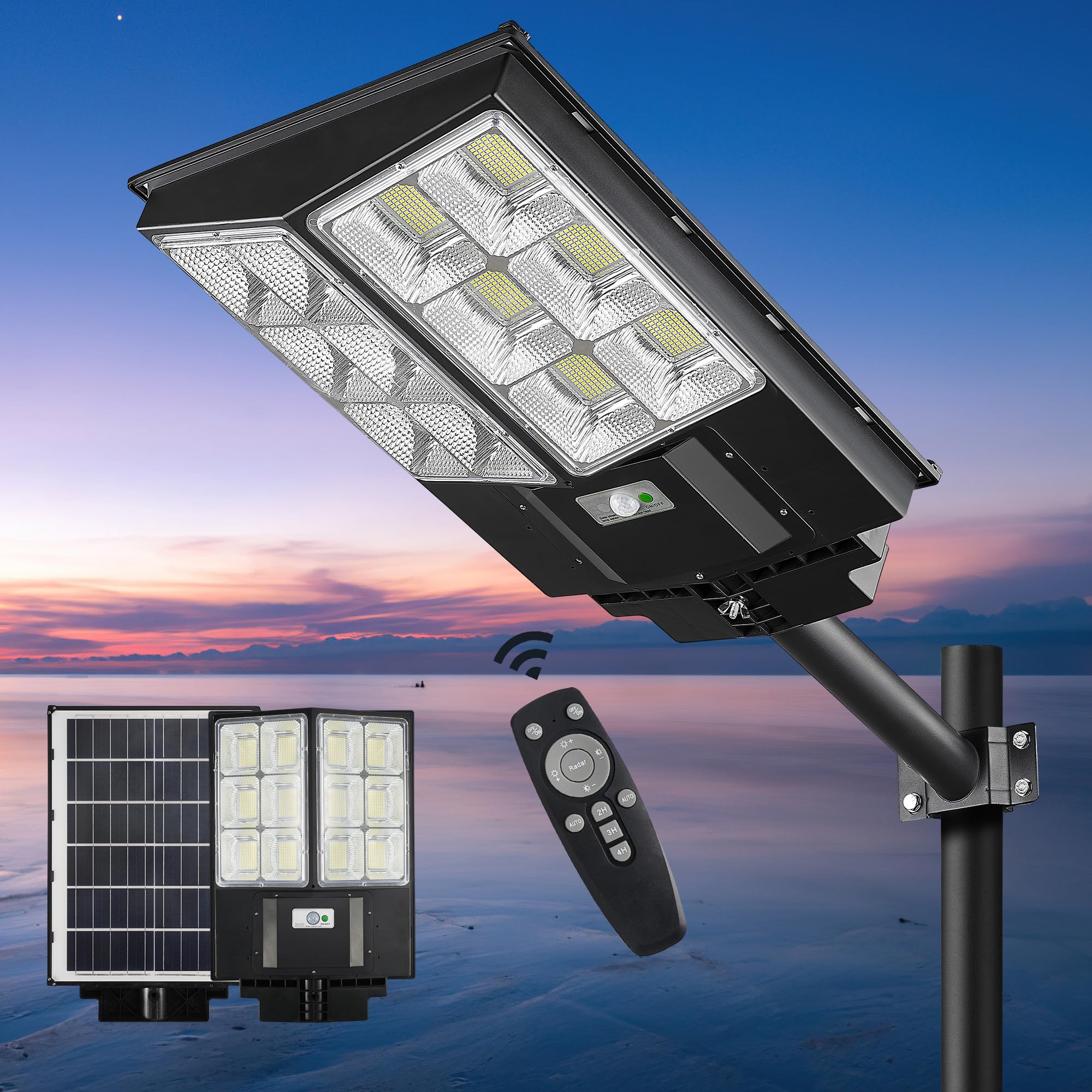 1800W Solar Street Lights Outdoor - 240° Wide Angle Solar Security Flood Light with Motion Sensor and Remote Control, Waterproof Dusk to Dawn Solar Parking Lot Lights for Yard, Stadium, SL-JWB