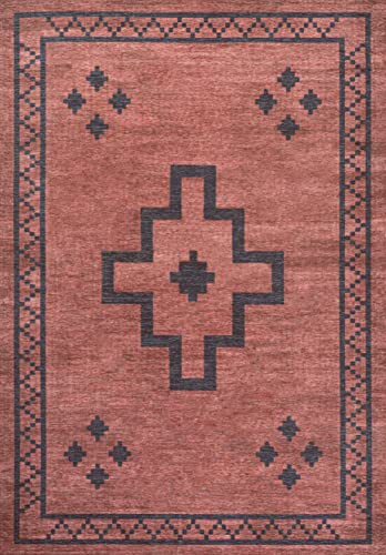 JONATHAN Y WSH118A-5 Korsa Geometric Medallion Machine-Washable Indoor Area -Rug, Bohemian Southwestern Rustic Easy -Cleaning,Bedroom,Kitchen,Living Room,Non Shedding, Brown/Navy, 5 X 8