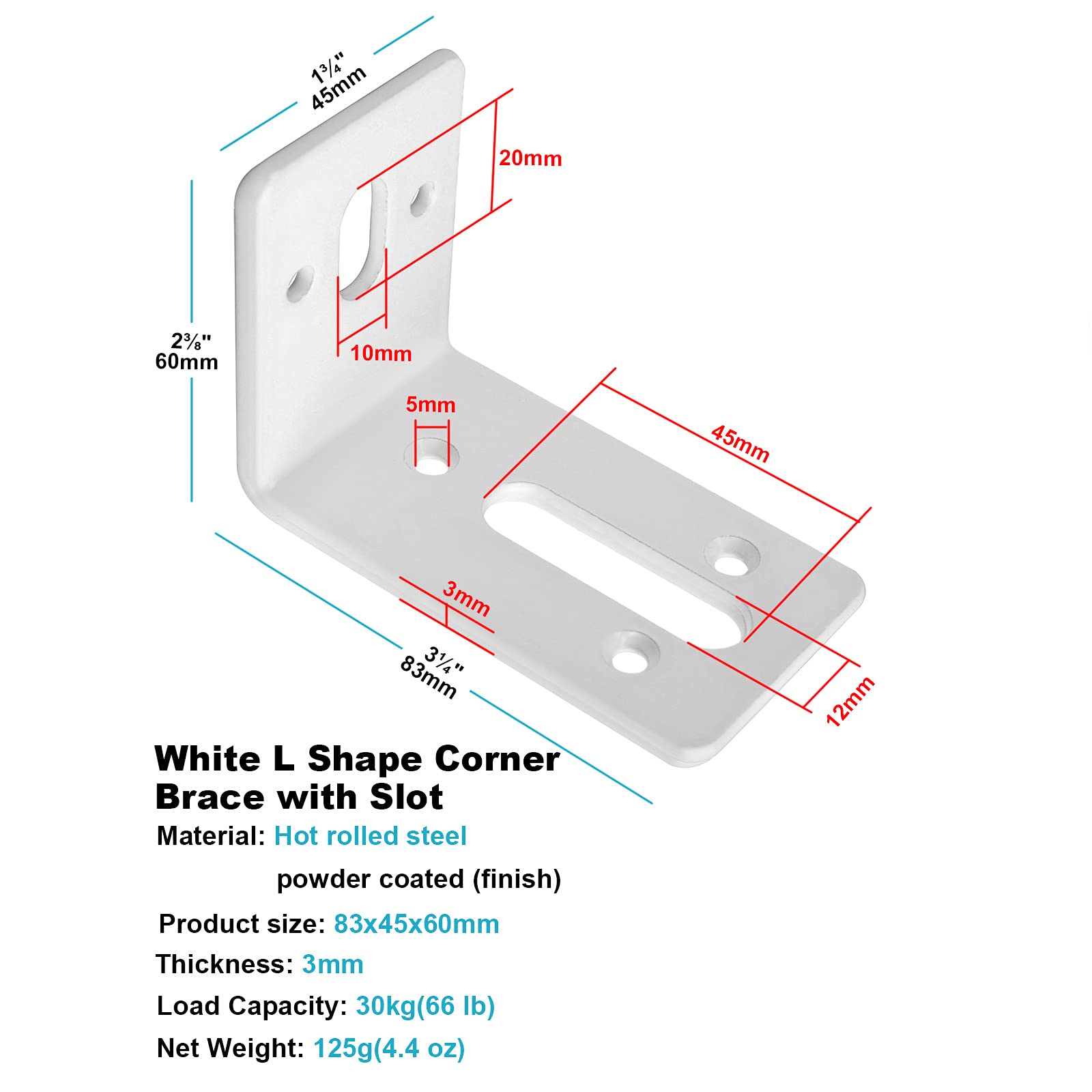 GBGS 10 Pack White Adjustable L Corner Braces with Slot, Steel 3¼"×2⅜"×1¾" ,Thickness 3 mm ,Max.Load 66 lb ,90 Degree Angle Corner Brace for Furniture Mending Braces