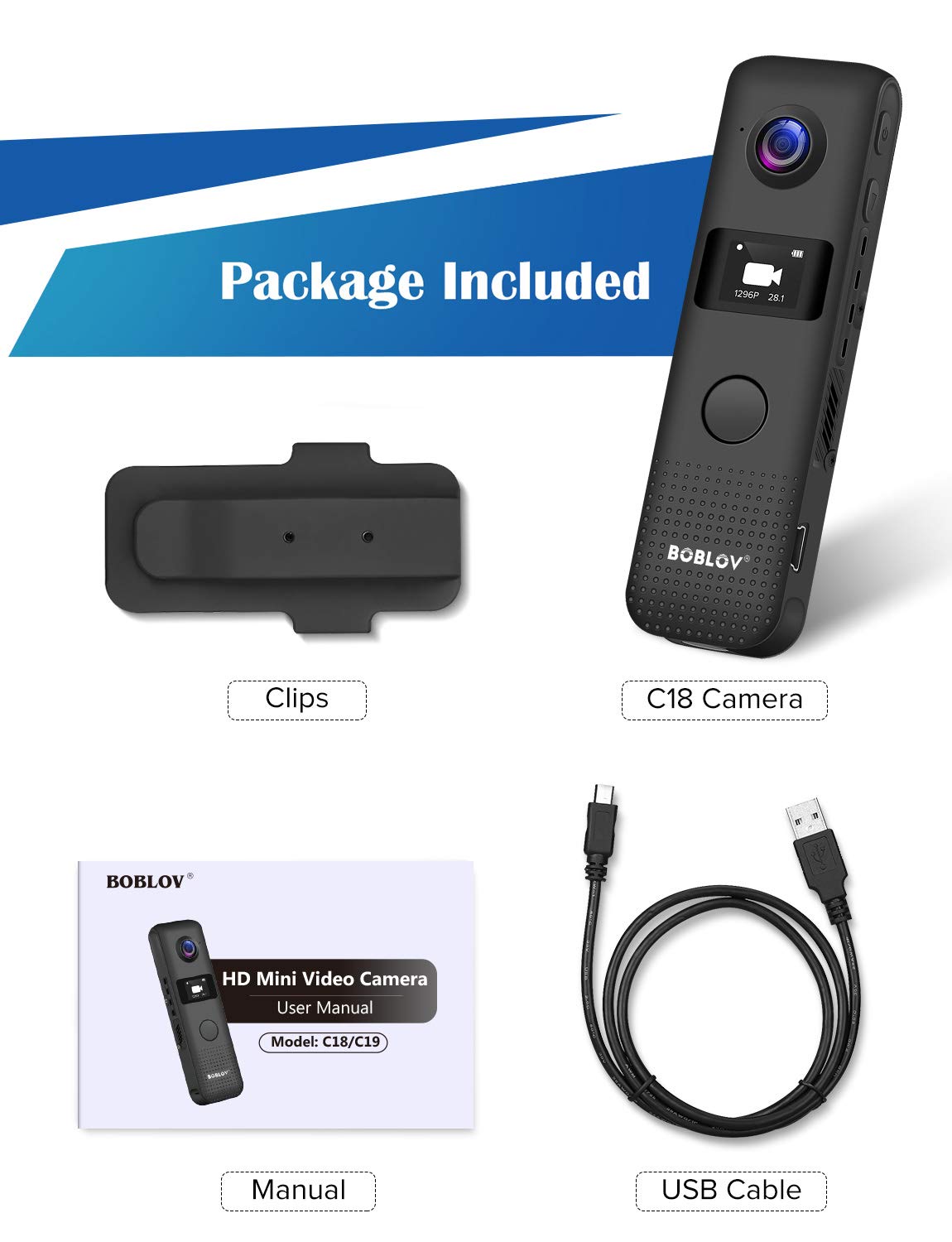 BOBLOV C18 WiFi Small Body Camera, 32GB Outdoor Body Camera, 1296P Mini Camera Body Worn Camera with OLED Screen 3.5 Hours 1080P Recording Support WiFi One Big Button for Recording