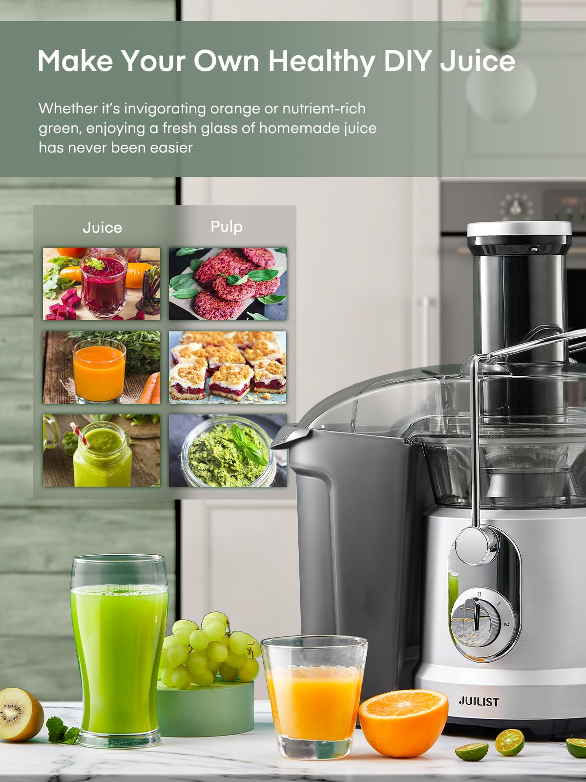 1300W Juicer Machines, Juilist Powerful Juice Extractor Machine with 3.2" Wide Mouth for Whole Fruits & Veggies, Fast Juicing Fruit Juicer for Beet, Celery, Carrot, Apple, Easy to Clean, BPA-Free