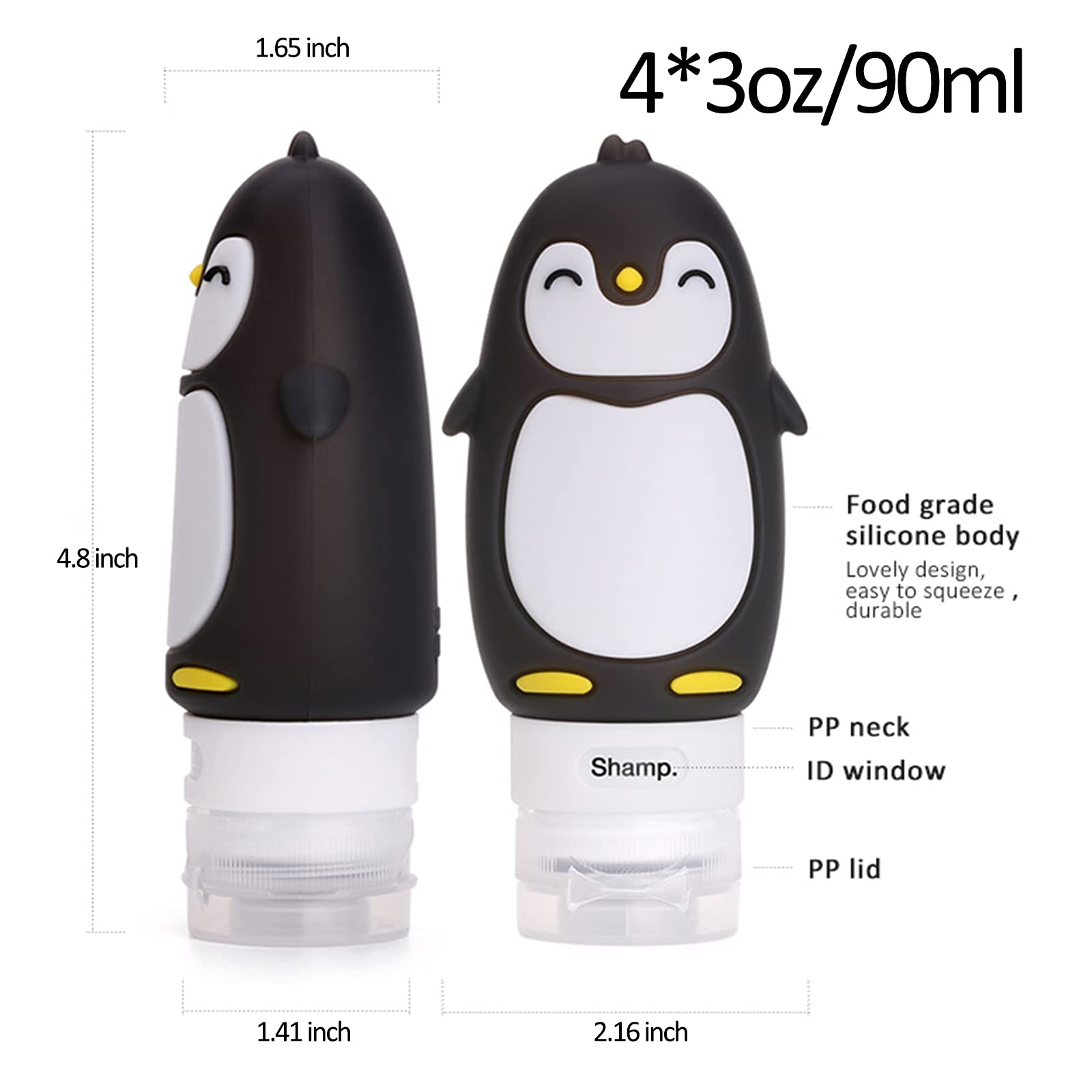 Lejesth 4Pcs 3oz/90ml Silicone Leak Proof Travel Size Bottles Set for Liquids, Refillable Containers,Squeezable Tubes Toiletries Containers for Shampoo Conditioner Lotion Face Body Wash