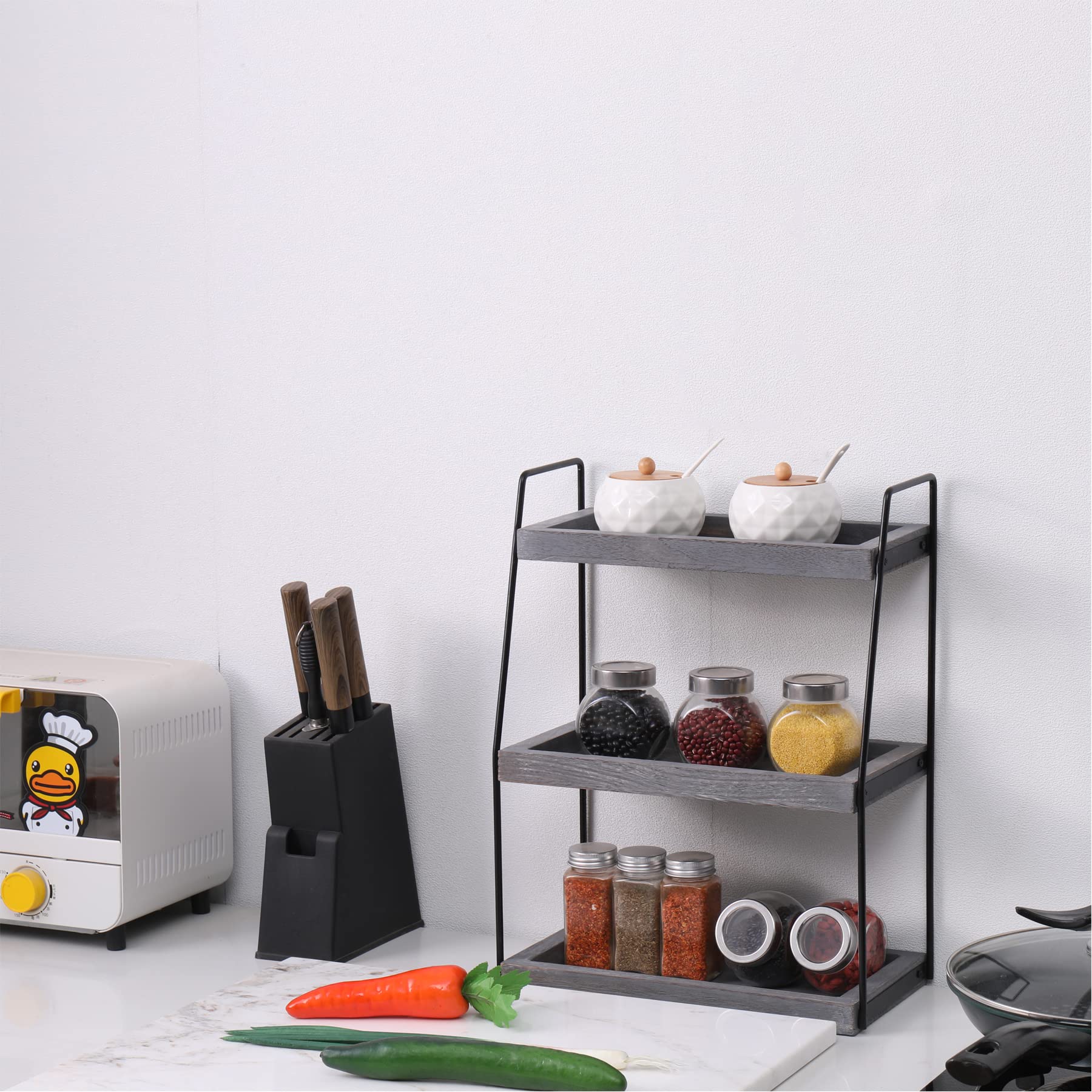 3-Tier Wood Storage Organizer for Restroom & Kitchen & Coffee Bar, Bathroom Sink Organizer Countertop, Bathroom Vanity Counter Top Organizers, Spice, Skincare, Perfume Rack, Detachable - Black