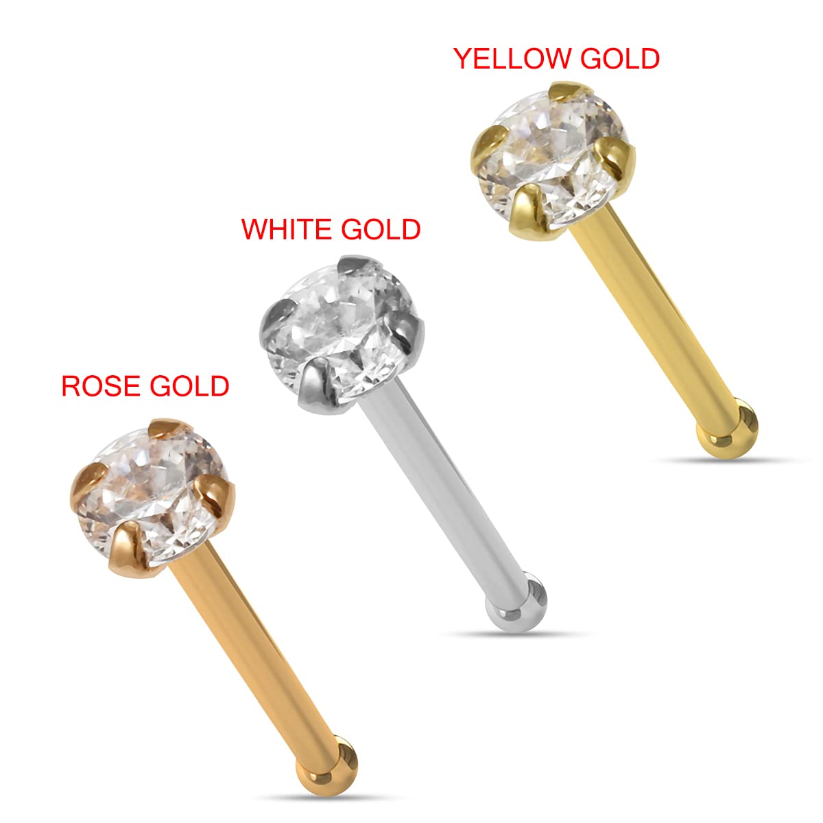 14K White Gold Claw Set 1.5MM Round CZ Stone 22 Gauge Ball End Nose Stud Piercing Jewelry
