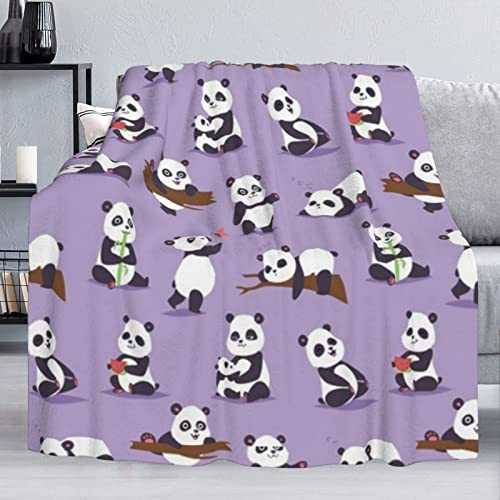 Kiuloam Cute Pandas on Purple Soft Throw Blanket 40"x50" Lightweight Flannel Fleece Blanket for Couch Bed Sofa Travelling Camping for Kids Adults