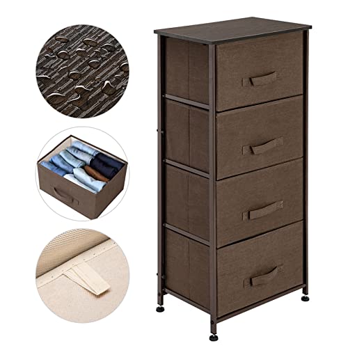 4 Drawer Fabric Storage Organizer, Wood Top Storage Tower, 4 Drawer Closet Storage Dresser Furniture Unit, Linen Fabric Organizer for Bedroom, Closet, Entryway, Hallway, Brown
