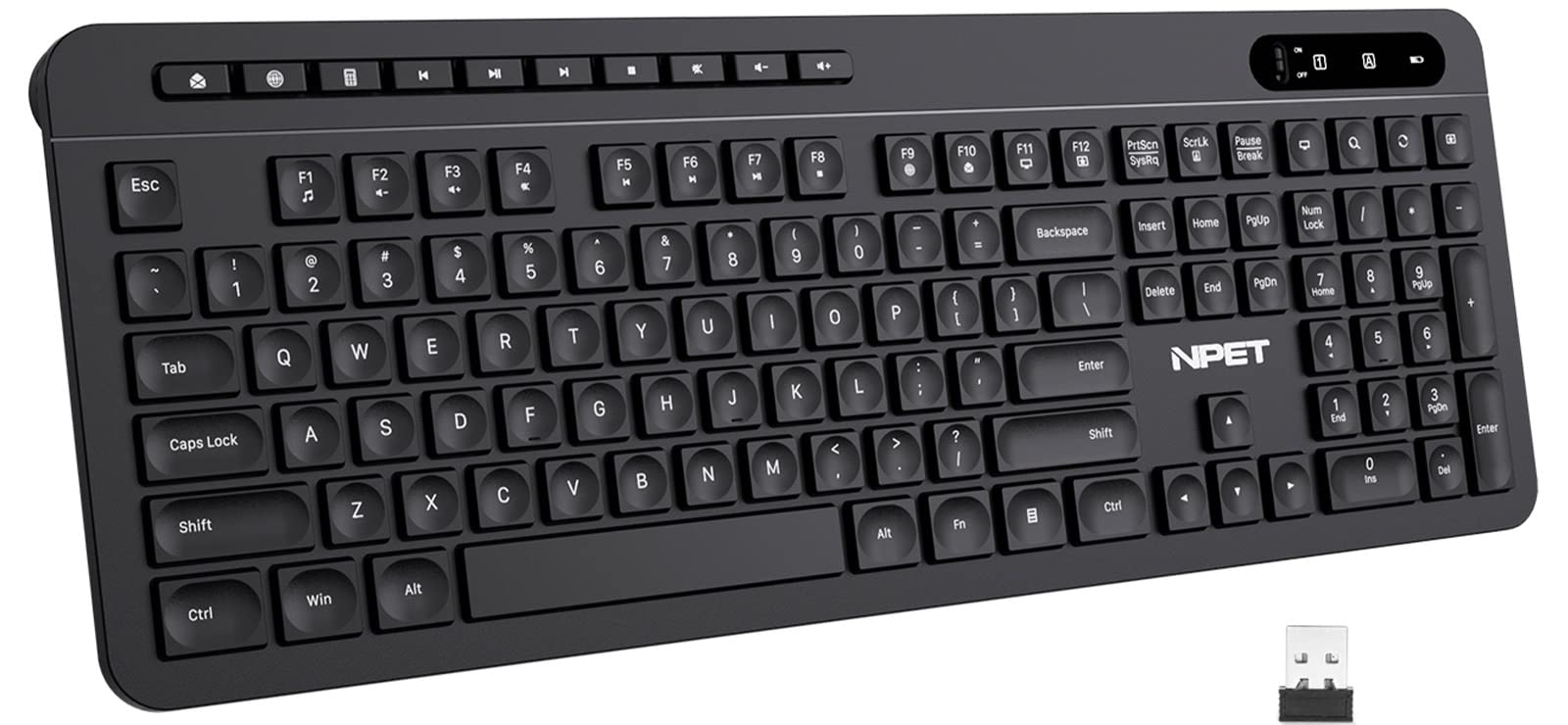 NPET WK20 Wireless Keyboard for Windows, 2.4 GHz Wireless, Full-Size, Number Pad, 14 Multimedia Keys, 2-Year Battery Life, Compatible with PC, Laptop
