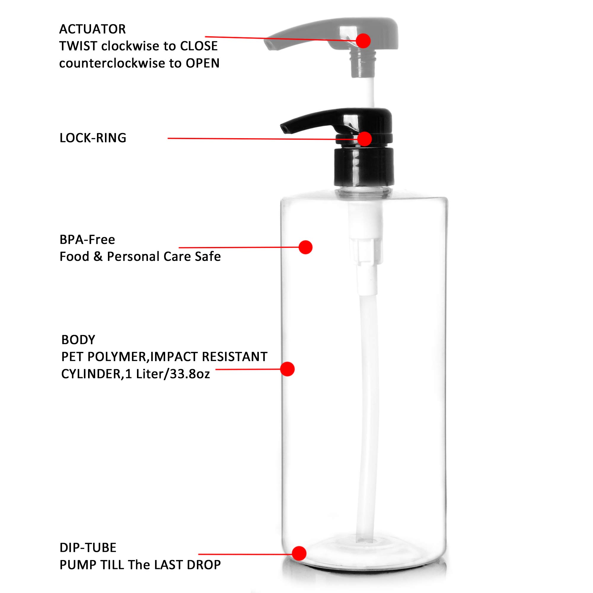 Youngever 4 Pack Pump Bottles for Shampoo 32 Ounce (1 Liter), Empty Shampoo Pump Bottles, Plastic Cylinder with Lockdown-Leak Proof-Pumps (Black Pump)