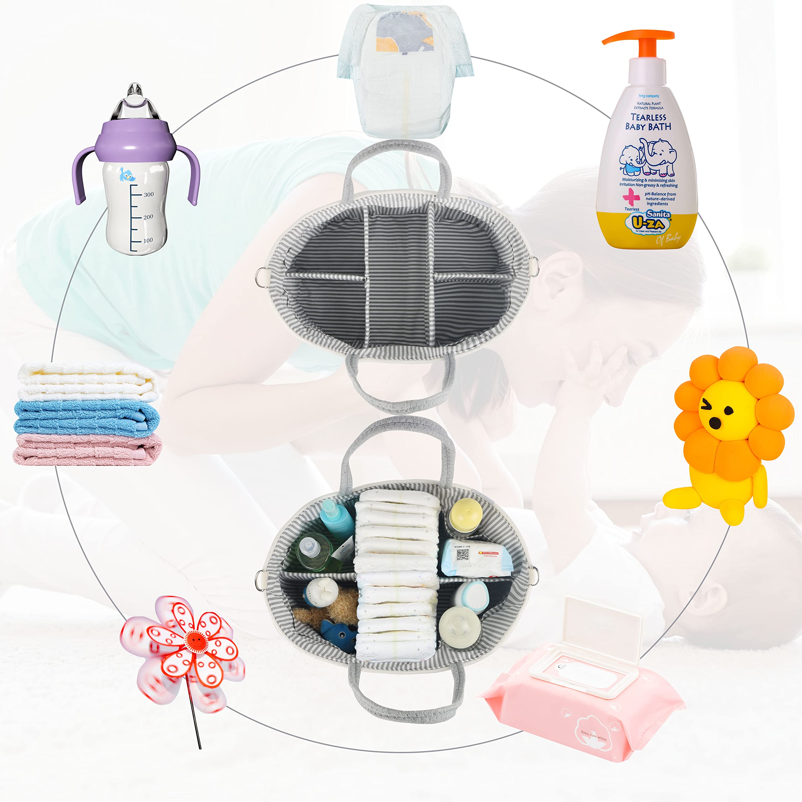 Extra Large Baby Diaper Caddy Organizer - Baby Basket Diaper Storage and Baby Caddy Nursery Organization - Diaper Organizer Changing Table Storage - Portable Rope Diaper Caddy with Baby Storage Basket