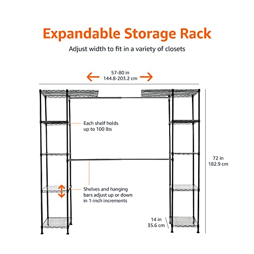 Amazon Basics Expandable Metal Hanging Storage Organizer Rack Wardrobe with Shelves, 14"-63" x 58"-72", Black