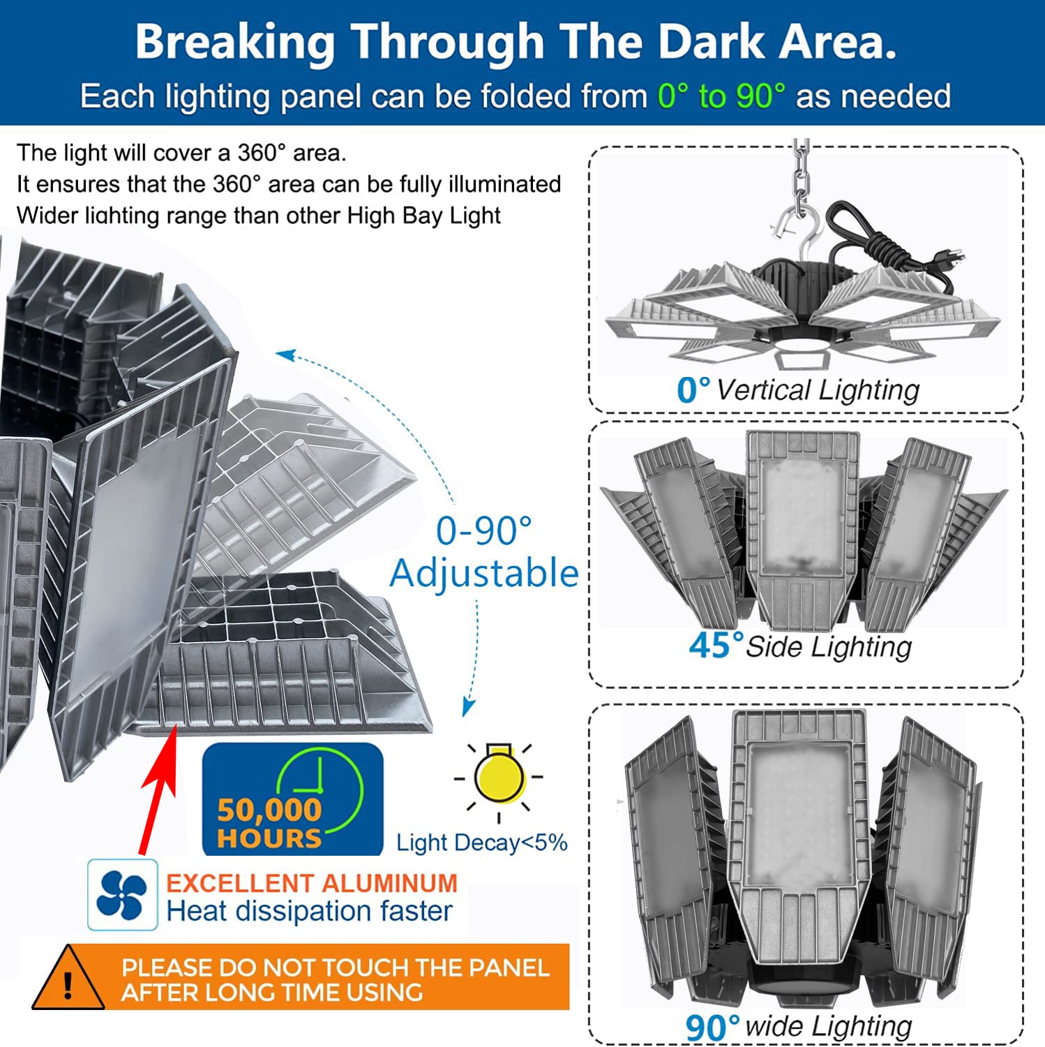 2-Pack 250W LED High Bay Light 6500K Adjustable 7Panel Design 30000LM Bright Shop Light Aluminum Heat Sink - Ideal for Warehouse, Residential, Barn, Factory, Workshop Hanging LED Shop Lighting