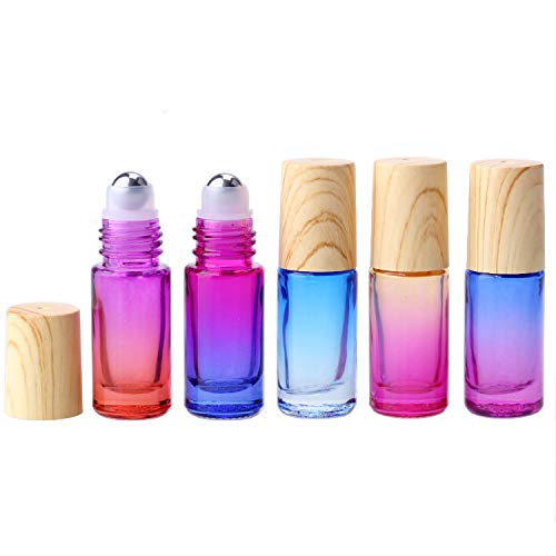 5pcs 5ml(1/6 oz) Essential Oil Roller Bottles,Metal Roller Balls Colorful Gradient Oils Roll on Bottles with Wood Grain Cap Glass Empty Refillable Fragrance Perfume Essential Oil Glass Roller Bottles