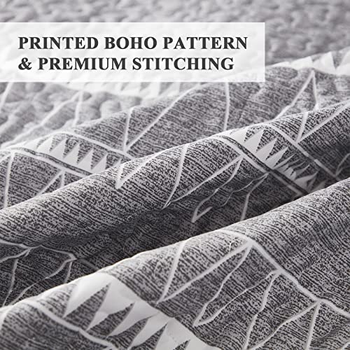 Andency Grey Quilt Set King (106x96 Inch), 3 Pieces(1 Striped Triangle Printed Quilt and 2 Pillowcases), Bohemian Summer Lightweight Reversible Microfiber Bedspread Coverlet Sets