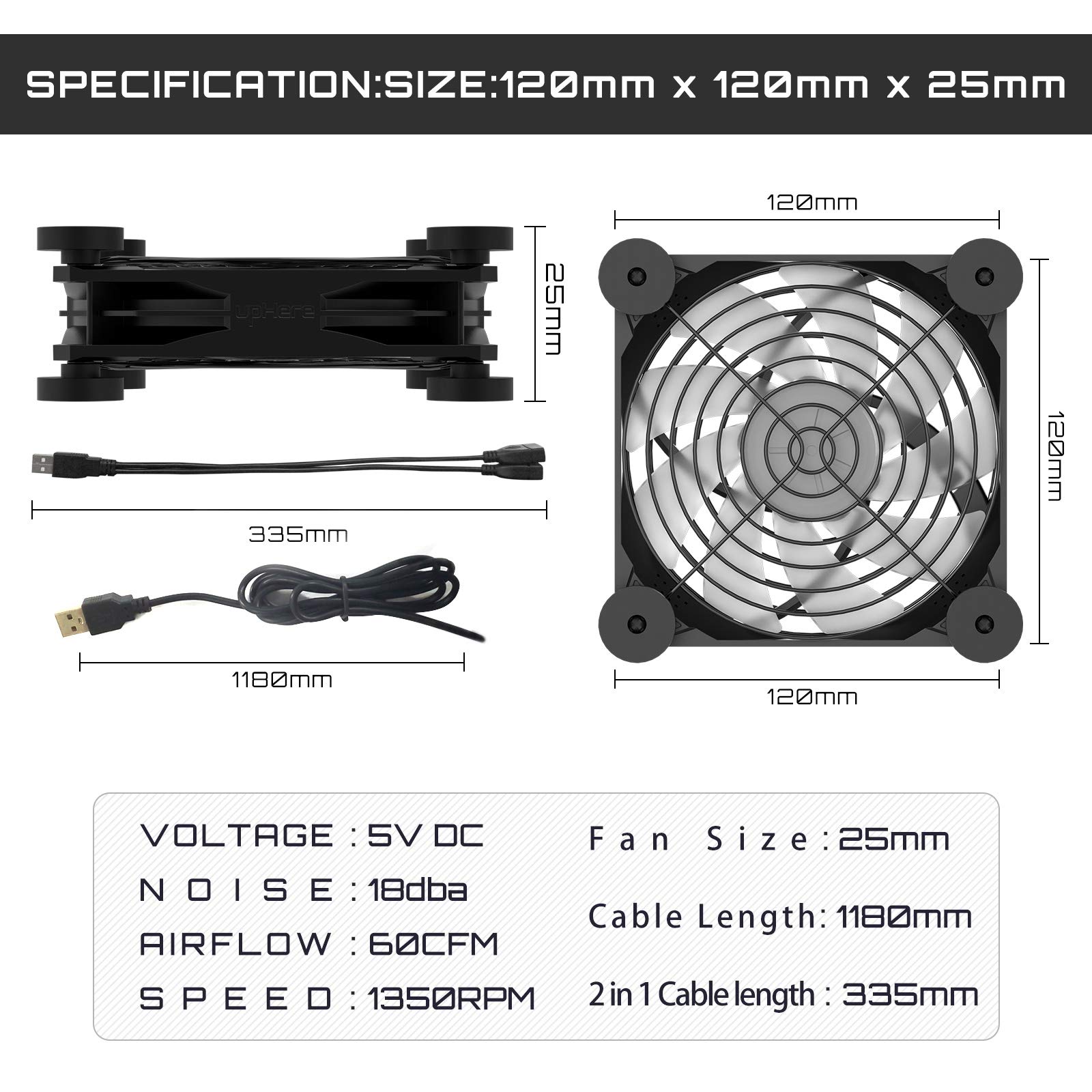 upHere N12U06 USB Fan,Dynamic Rainbow LED,Silent 120mm Fan for Computer Cases Computer Cabinet PlayStation Xbox Cooling