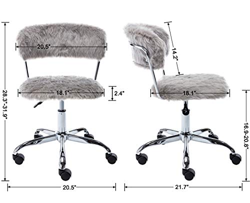 Kmax Fuzzy Office Desk Chair Faux Fur Kids Armless Rolling Task Chair Comfy Vanity Chair for Bedroom, Grey