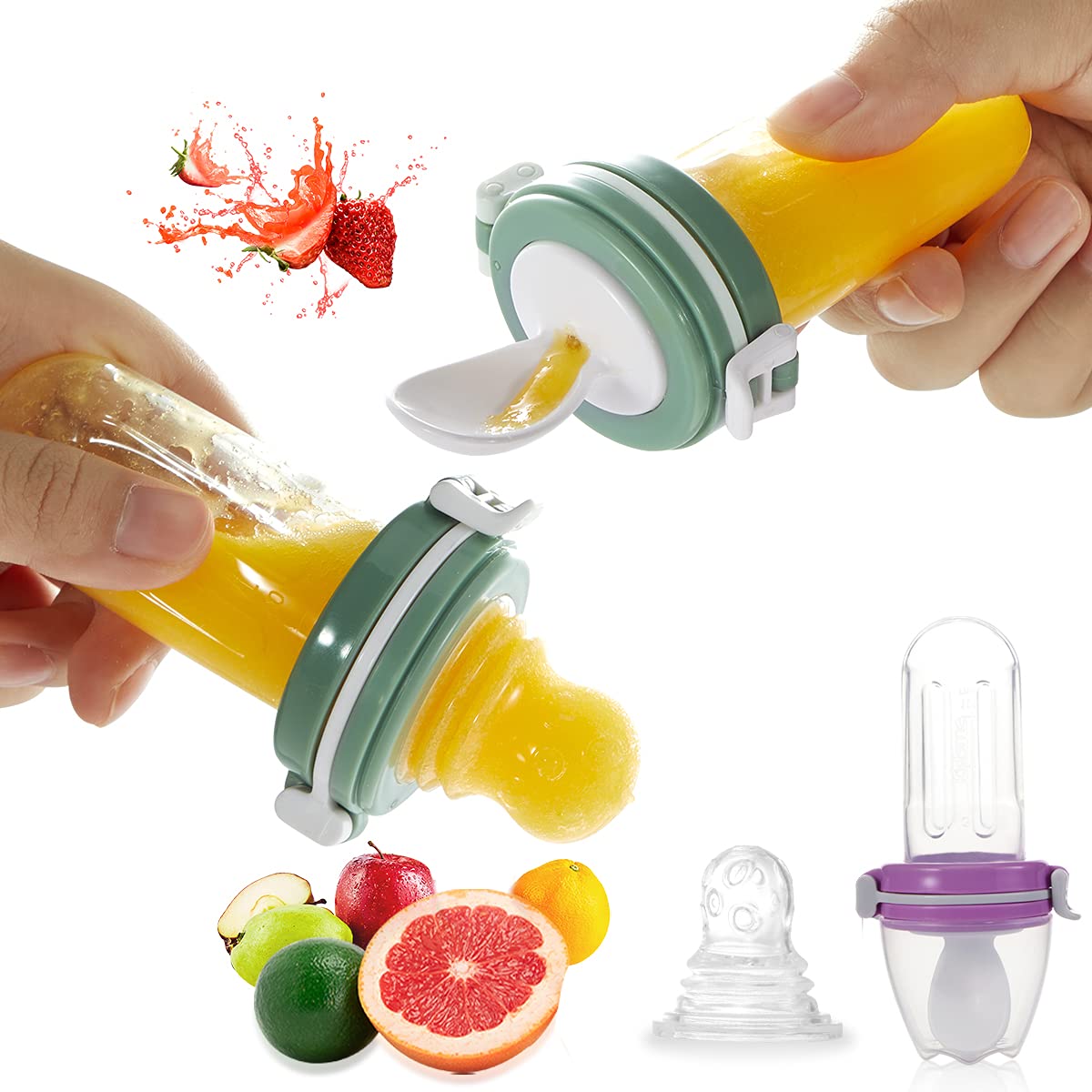 KidsMe 2-in-1 Silicone Baby Squeeze Bottle with Spoon -BPA Free Baby Food Bottle Squeeze Feeder Baby Feeding Supplies Pacifier for Toddlers Infants Babies 4 + Months
