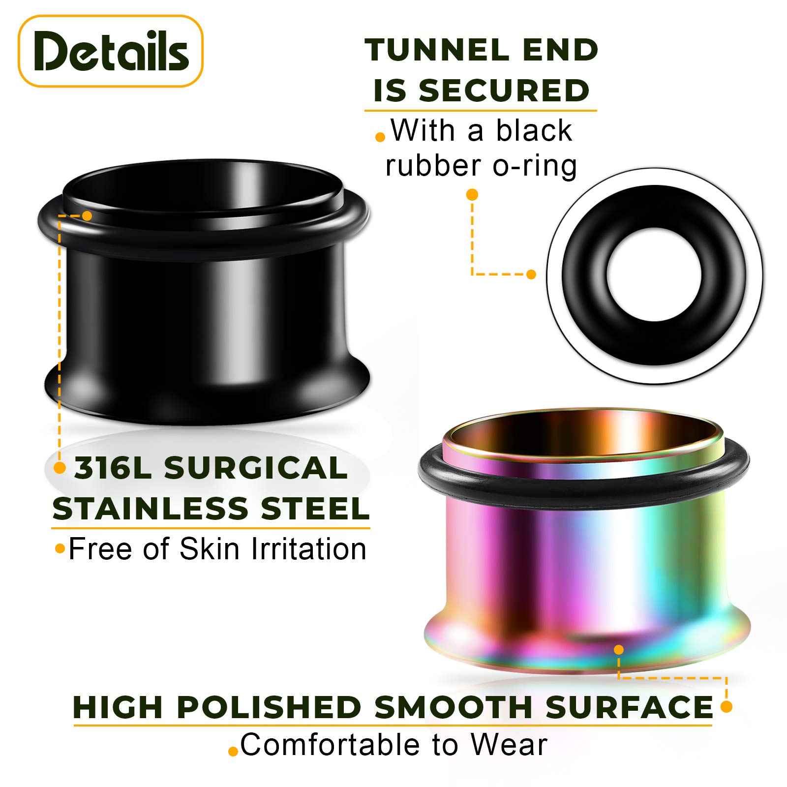 2 Pairs Steel Rainbow Anodized Gauges 12 mm Black Single Flared Piercing Ear Stretcher Plugs O-ring flesh Tunnel Lobe BG11625