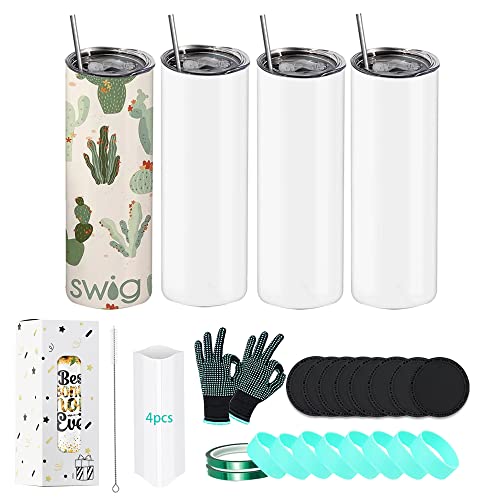 4 Pack 20 oz Sublimation Tumblers,Straight Skinny Stainless Steel Double Wall Insulated Cups for Heat Transfer with Silicone Band, Heat Resistant Tape,Gloves,Shrink Wrap Films and Individually Boxed