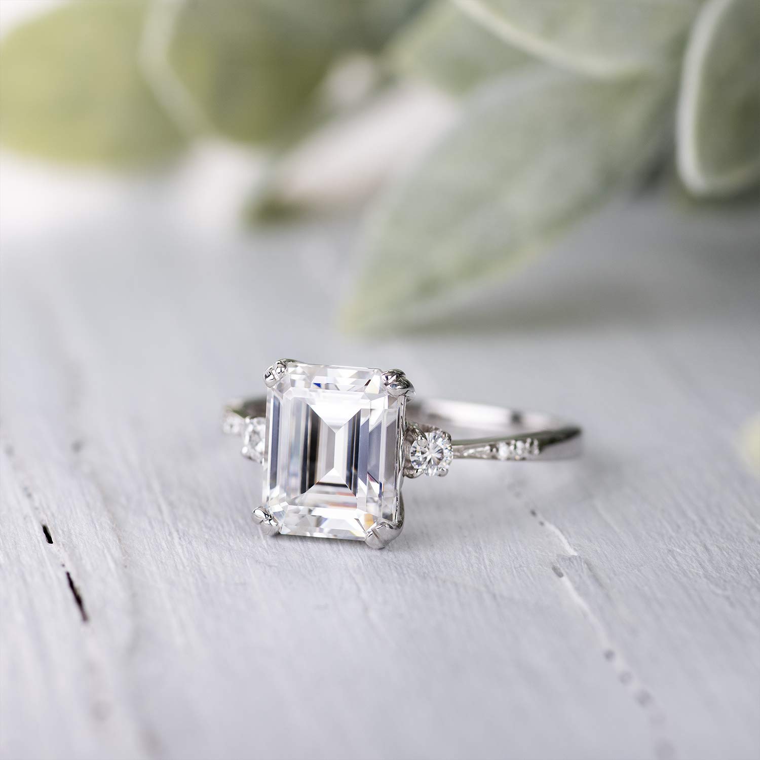 14K White Gold Moissanite by Charles & Colvard 10x8mm Emerald Fashion Ring-size 6 3.69cttw DEW