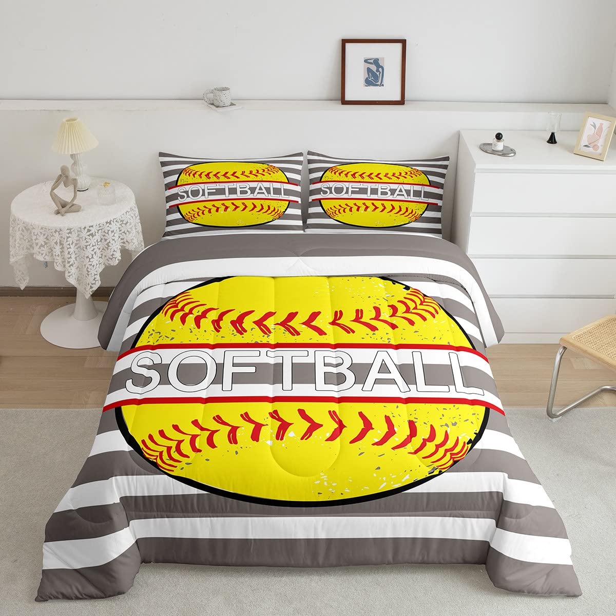 Homewish Yellow Softball Comforter Set Queen Size Sports Games Bedding Set for Kids Boys Girls Bedroom Decoration Gray White Stripes Bed Duvet Insert Ball Gaming Comforter with 2 Pillowcase