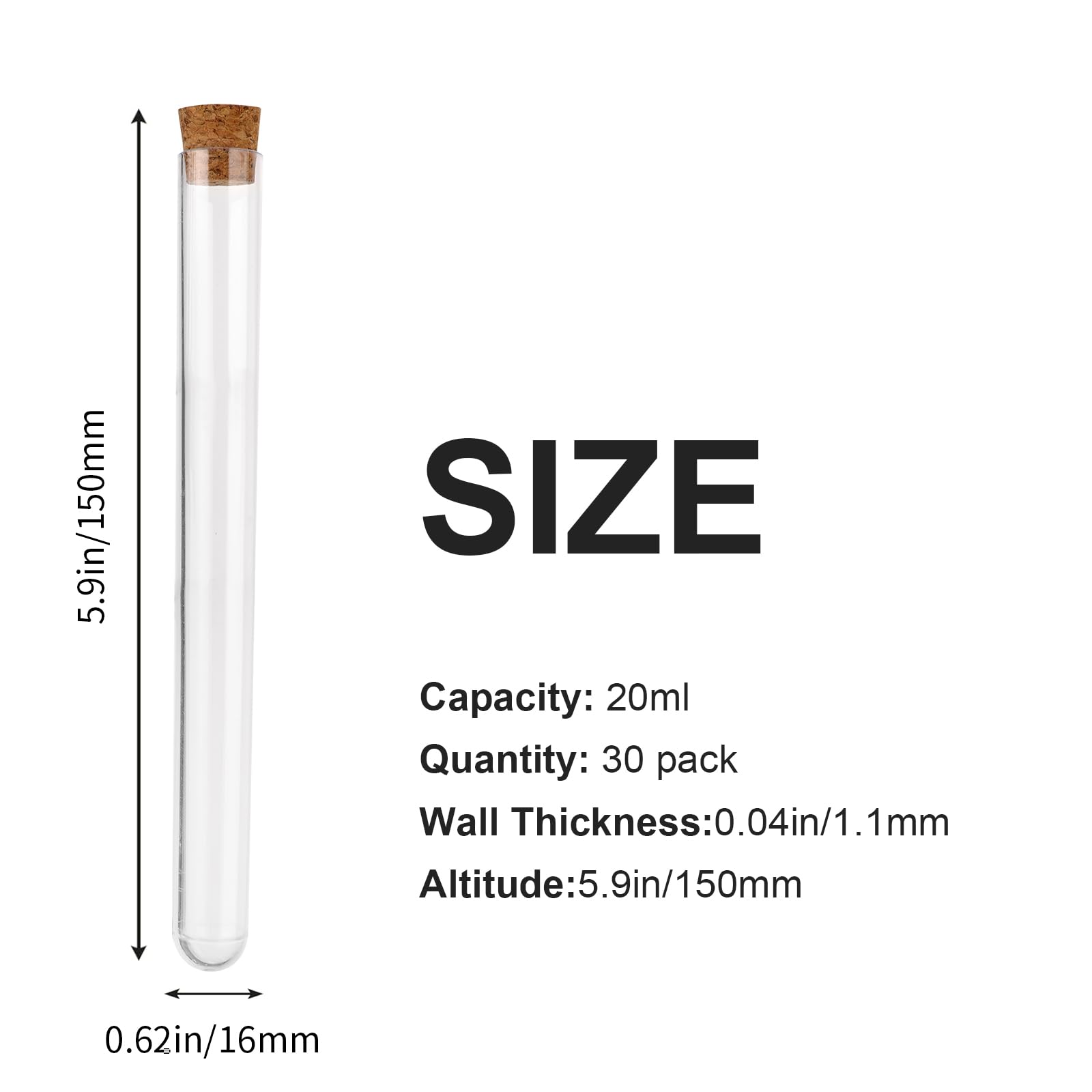 30 Covered Plastic Test Tubes - Small Plastic Tubes, 20ml Transparent Plastic Tubes with Cork Stoppers, Small Transparent Plastic Tube Containers for Solid and Liquid Storage (30, 16mm*150mm)