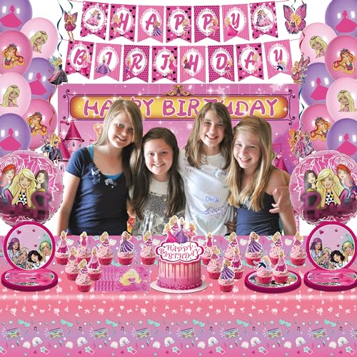 128 Pcs Pink Style Party Decorations, Pink Theme Birthday Decorations Include Banners, Tablecloth, Cake & Cupcake Topper, Backdrop, Tablewares, Balloons, Hanging Swirls, Napkins for Girls