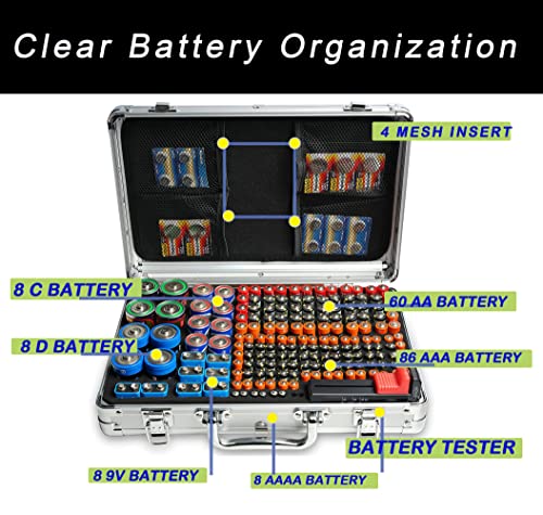 Deluxe Hard Aluminum 200 Battery Storage Organizer case with tester, Safe Fireproof Batteries container holder caddy box with handheld checker, hold 60 AA, 86 AAA, 8 C, 8 D, 8 9V Batteries(no battery)