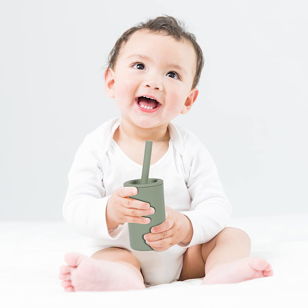 TOPGOMES Toddler Straw Cup, Food Grade Silicone Training Cup for Baby, Come with Straw Brush, BPA Free, 7 oz (Sage)