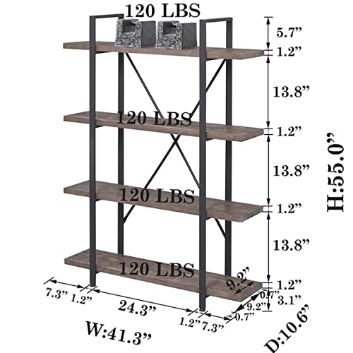IBF Solid Wood Bookshelf, 4 Tier Natural Real Wood Bookcase, Modern Rustic Industrial Open Book Shelf, Tall Farmhouse Wooden Etagere Bookcase for Office Living Room Bedroom, Distressed Grey and Black