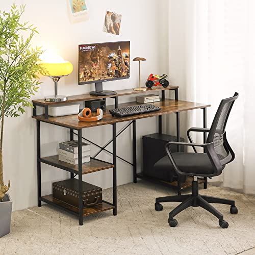 IBUYKE 55" Computer Desk, Office Table, Gaming Workstation with Storage Shelves/Monitor Stand, Study Table for Home Office, Space-Saving, Easy to Assemble, Rustic Brown and Black UTMJ056H