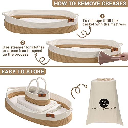 Baby Changing Basket, Moses Diaper Basket w/ foam pad, 2 waterproof covers, blanket, diaper caddy organizer, table/dresser/nursery topper, boho bassinet station woven rope tray, storage (Brown)