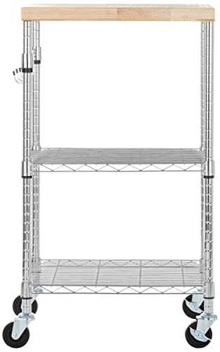 Amazon Basics Kitchen Storage Microwave Rack Cart on Caster Wheels with Adjustable Shelves, 175 Pound Capacity, 15 x 21 x 36.7 inches, Wood/Chrome
