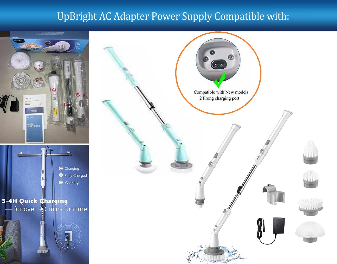UpBright 2-Prong 9V AC/DC Adapter Compatible with Homitt HM115C HM115D HM115 C HM 115 D HM115CW HM115CD HM115CG Electric Spin Scrubber 360 Cordless Power Scrub FD DK10-090-0650 Supply Battery Charger