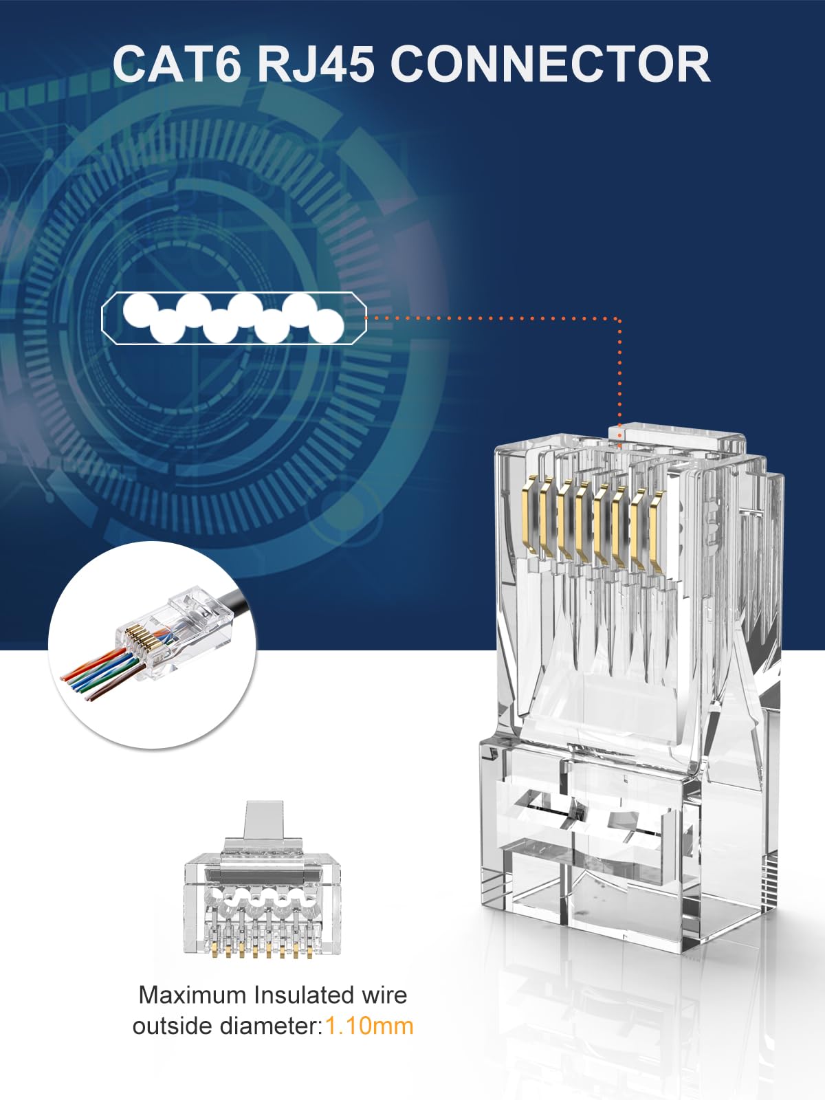 CableCreation RJ45 Pass Through Connectors, 50-Pack Cat6/Cat5e Gold Plated Modular Plug Unshielded Crimp Connector for Solid or Stranded UTP Ethernet Cable