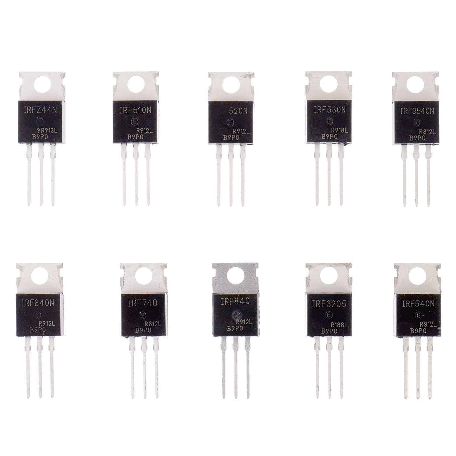 BOJACK 10 Values 50 Pcs IRFZ44N IRF510N IRF530N IRF540N IRF640N IRF740 IRF840 IRF3205 IRF9540 IRF Series transistors MOSFET Assortment Kit