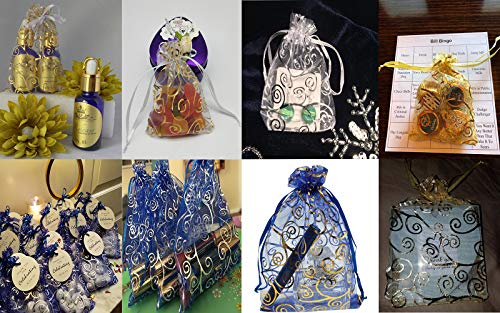 Ankirol 100pcs Sheer Organza Favor Bags For Wedding Baby Shower Rattan Print Gift Bags Samples Display Drawstring Pouches (3x4 inch, blue)