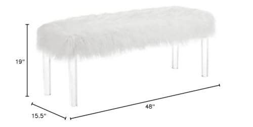 1pc White Glam Accent Bench with Faux Fur Seat Transparent Legs