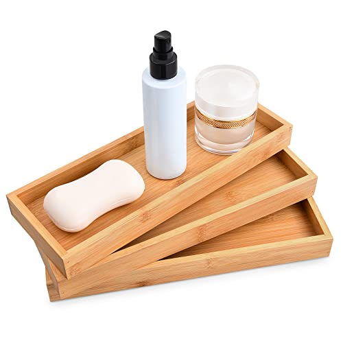3 Pcs Bamboo Tea Serving Tray, Decorative Multi Use Bathroom Counter Tray with Edges Bamboo Vanity Tray for Dresser Counter Food Coffee Tea Snack Tissues Candles, 11 x 4 Inch