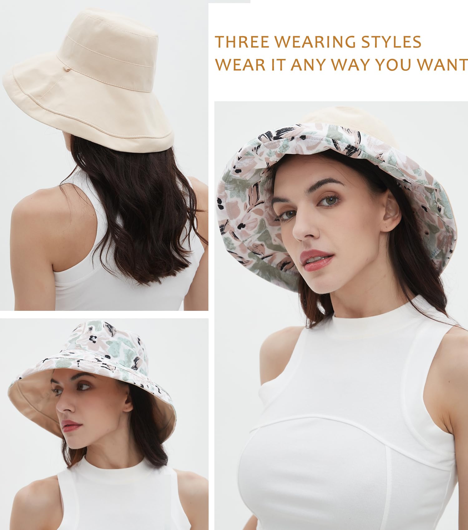 100% Cotton Women Sun Hats Wide Brim Gardening Bucket Hat Travel Sun Protection Packable Womens Beach Hat -Fold-UP Brim