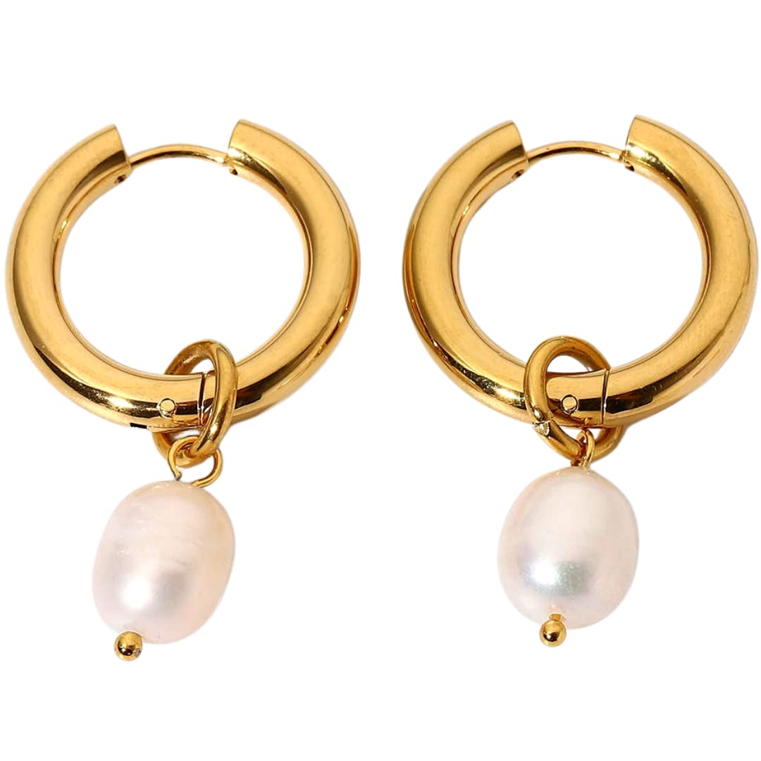 18K Gold Plated Freshwater Pearl Hoop Durable Earring for Women Waterproof and Tarnishfree