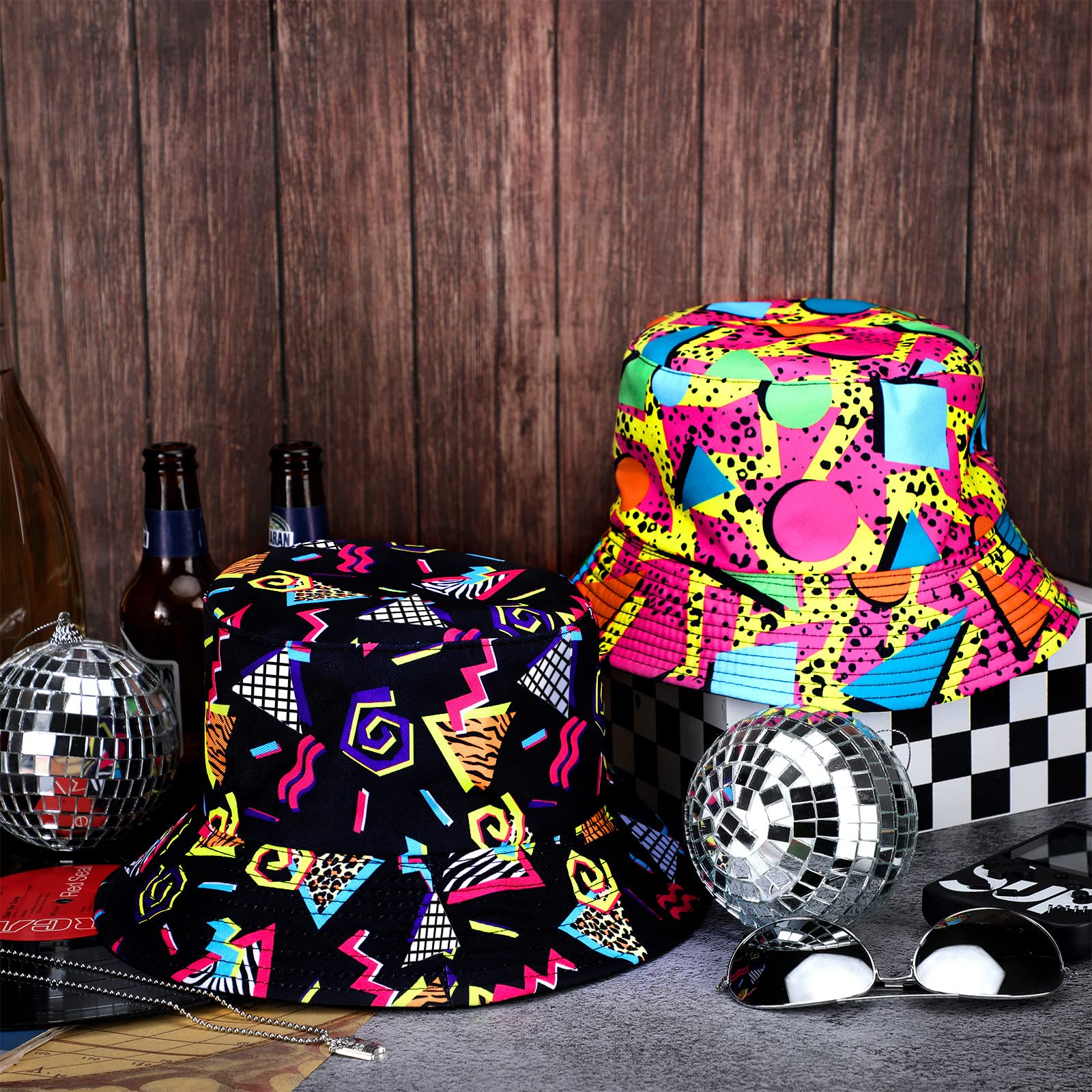 2 Pack Retro 80s 90s Bucket Hat for Women Men Vintage Print Fisherman Neon Nylon Hat Reversible Packable Travel Cap (Stylish Style)