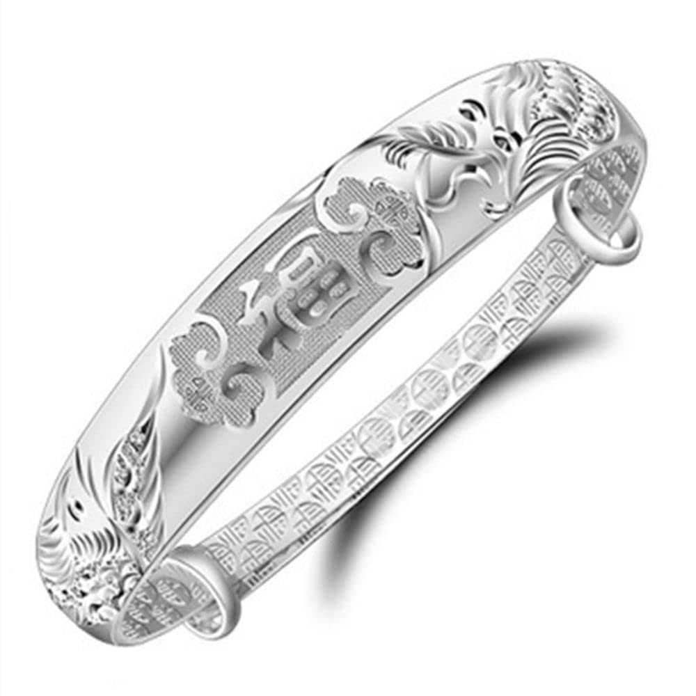 ABIRTE Women's 999 Solid Sterling Silver Chinese Dragon Phoenix Carved Adjustable Bangle Bracelet 15g Weight for Women,Ladies and Elder.