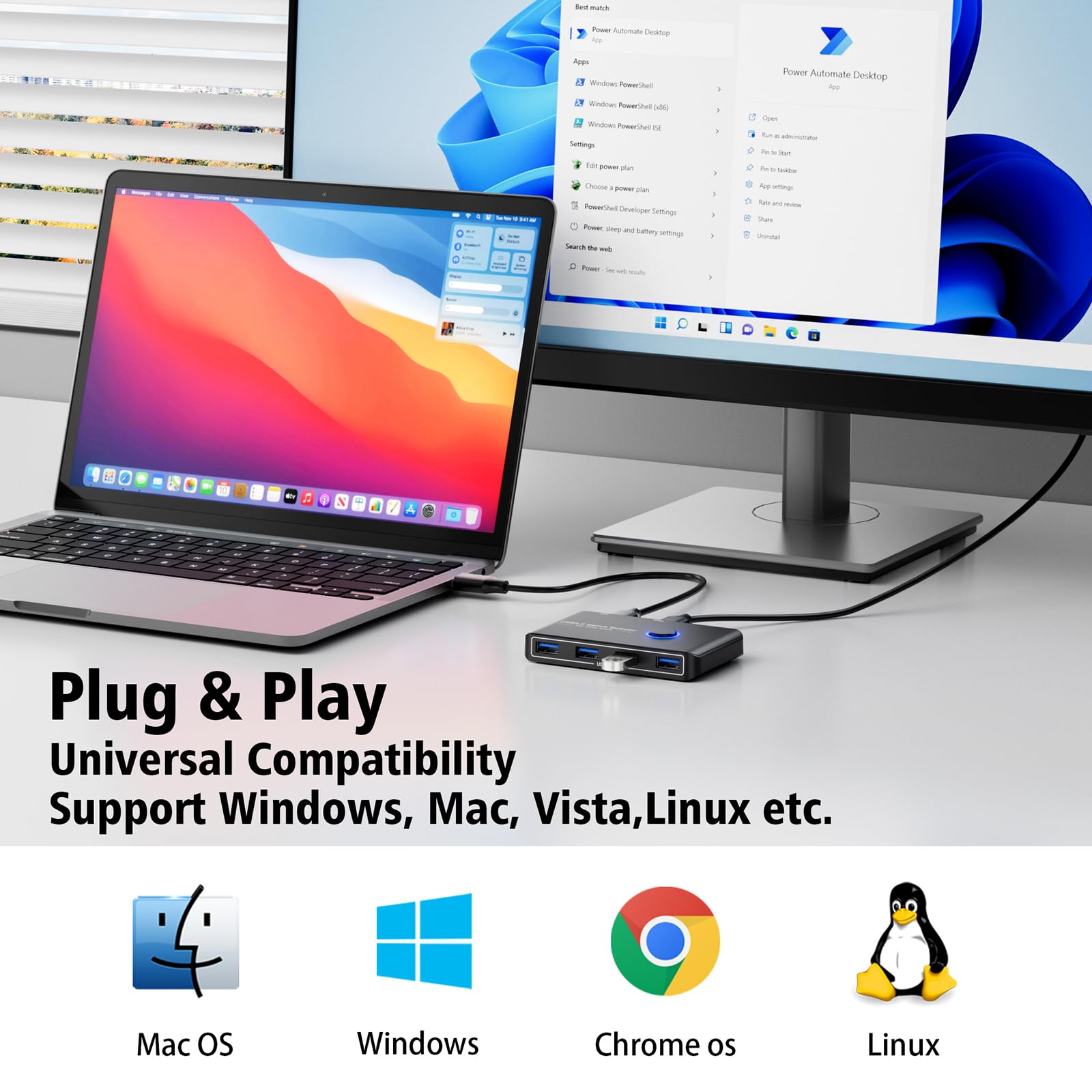 USB 3.0 Switch Selector for 2 Computers, USB Switcher Sharing 4 USB Devices Peripheral Hub for Mouse, Keyboard, Scanner, Printer; for Mac/Windows/Linux; 2 Pack USB Cables Included