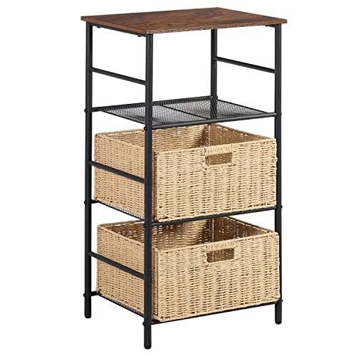 VECELO Tall End/Side Table with 2 Wicker Basket Storage Shelf Telephone Stand for Living Room, Bathroom, Bedroom, Office, Entryway, Easy Assembly, 3-Tier, Brown